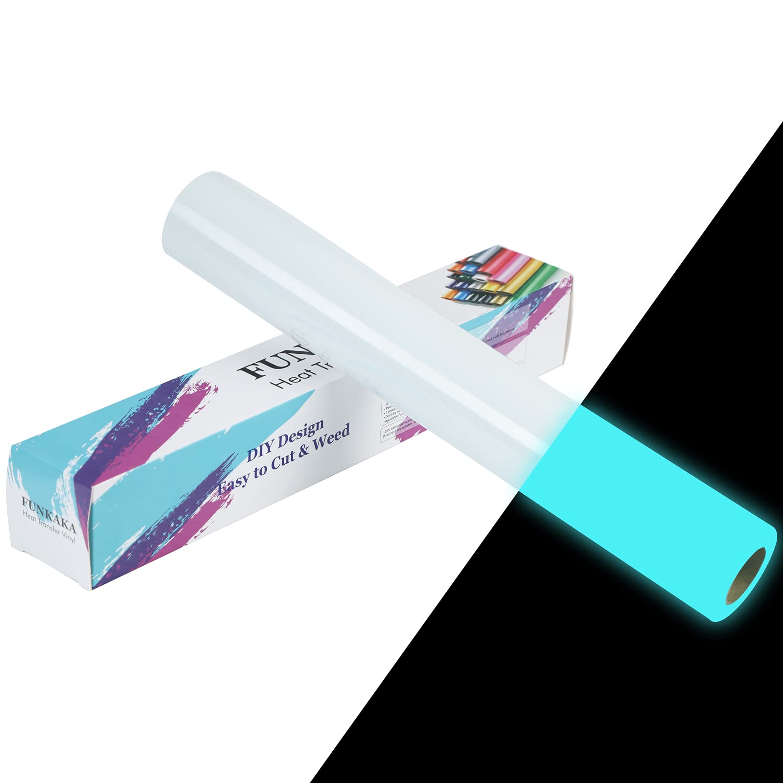 FUNKAKA Glow in The Dark Heat Transfer Vinyl Roll, 12" x 10ft Luminous Blue Iron on Vinyl for All Cutter Machine, Glow in The Dark HTV Vinyl for T-Shirts Easy to Cut & Weed for Heat Vinyl DIY Design