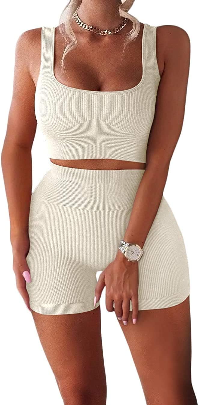 TWFRHC Women's Workout Sets Ribbed Tank 2 Piece Seamless High Waist Gym Outfit Yoga Shorts Sets