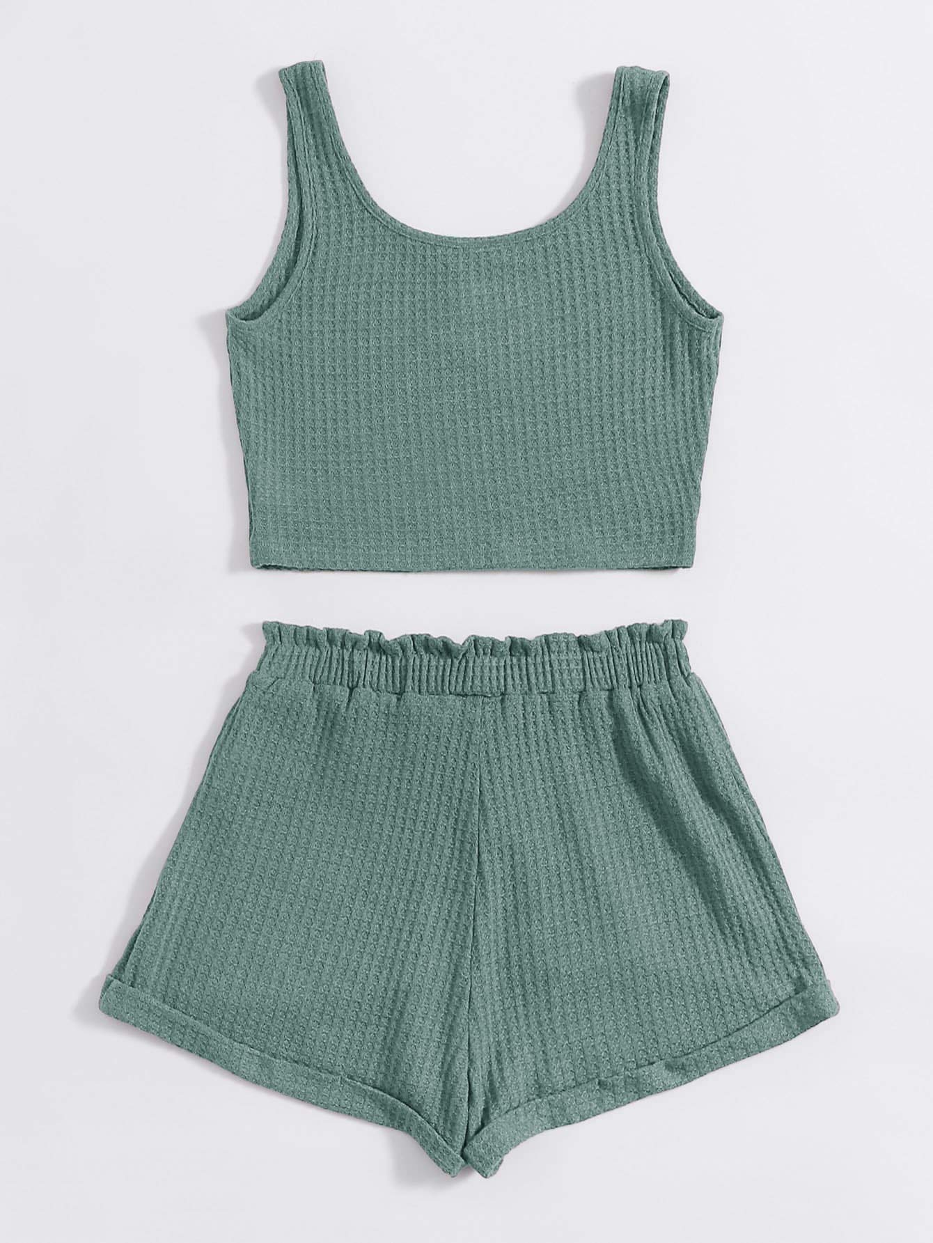 Floerns Women's Knit 2 Piece Lounge Set Shorts and Crop Tank Top Outfit Green L