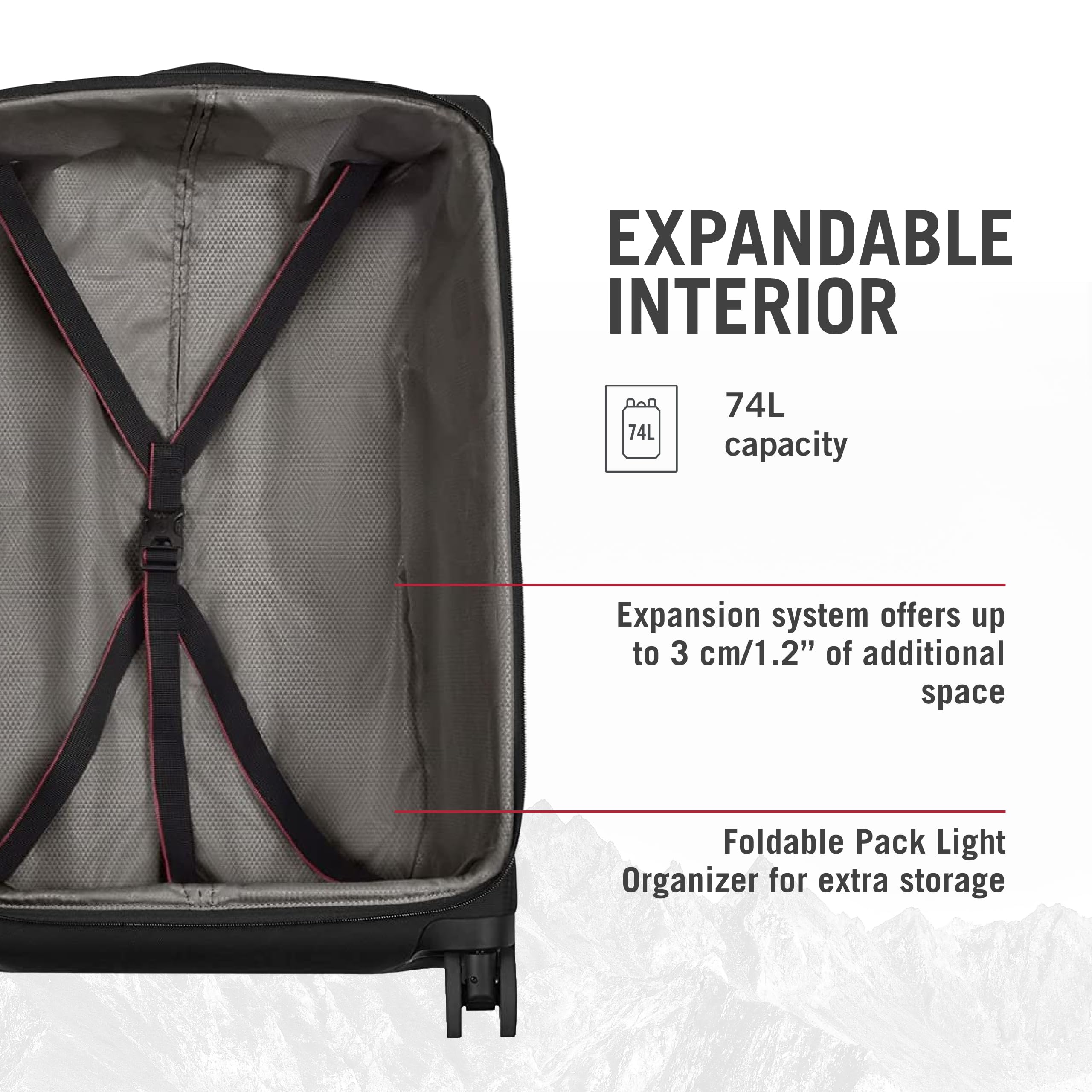 Victorinox Crosslight Large Softside Case - Large Travel Luggage with Spinner Wheels - Premium Traveling Essentials - Includes Foldable Pack Light Organizer - 74 Liter, Black