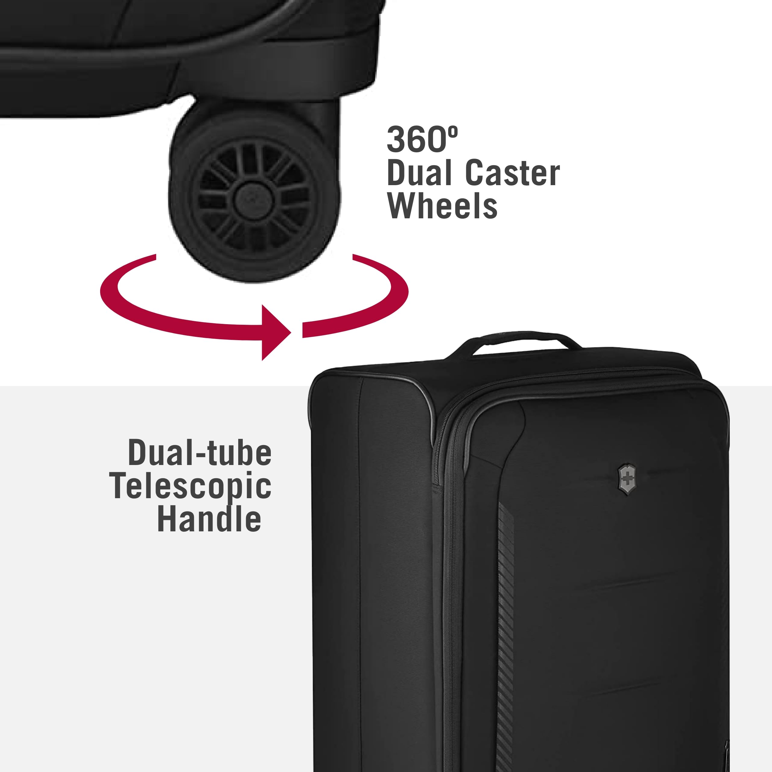 Victorinox Crosslight Large Softside Case - Large Travel Luggage with Spinner Wheels - Premium Traveling Essentials - Includes Foldable Pack Light Organizer - 74 Liter, Black