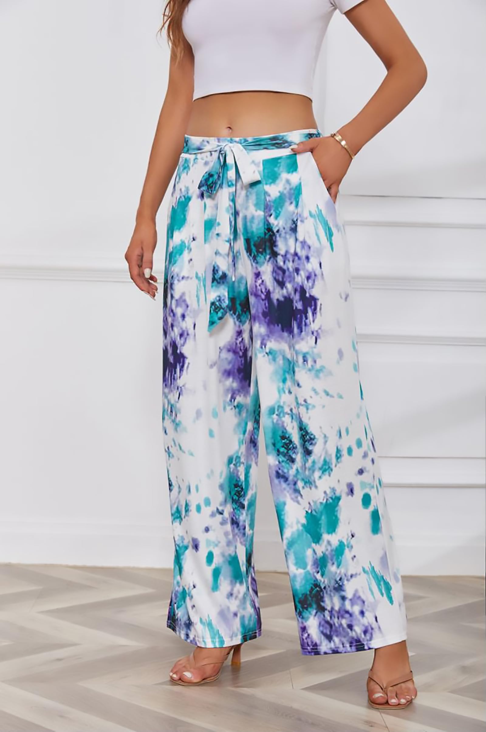 TICOSA Women's Pants Printed Palazzo Lounge Wide Leg Casual Flowy Pants with Pockets