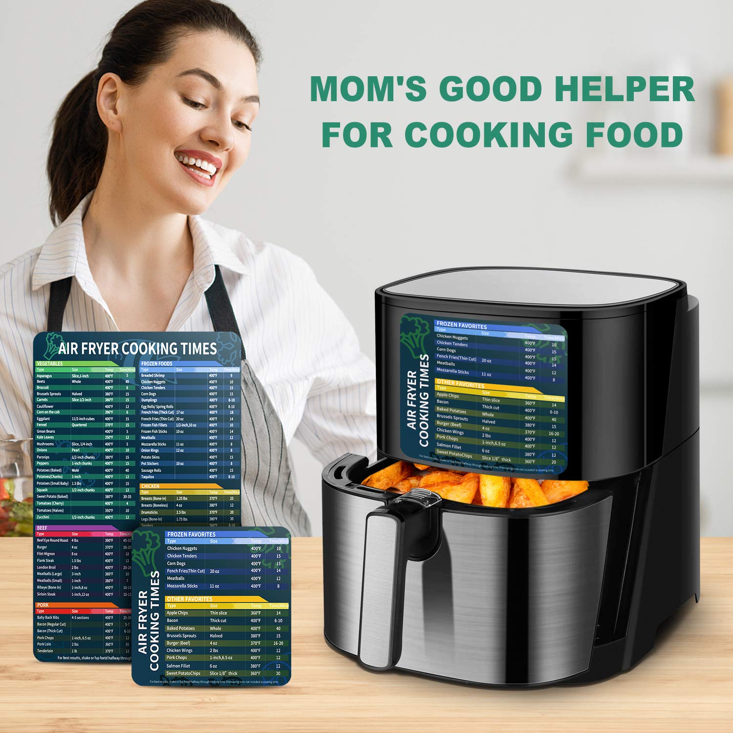 Air Fryer Magnetic Cheat Sheet Set, Cook Times Chart Air Fryer Accessories Magnet Sheet Quick Reference Guide for Cooking and Frying, Easy to Use, Excellent Kitchen Assistant