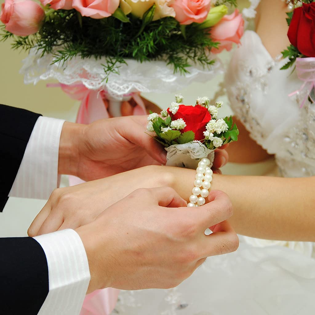 ericotry 2pcs Stretch Pearl Wrist Bands Corsages Handmade DIY Accessories for Wedding Prom Party