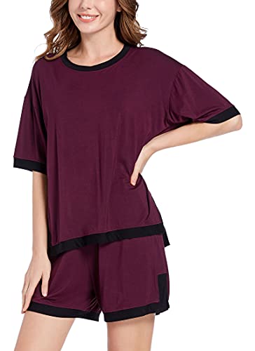 Eiggam Pajama Set for Women Cotton Pajama Capri for Women Solid Pjs Fashion Pijamas Sleep Wear Short Sleeve Ladies Soft Pajama Sleep Sets XL Wine Red Pajamas Set