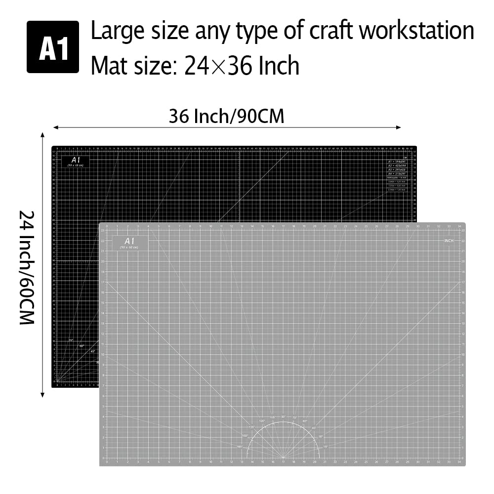 Headley Tools Thickened 24 x 36 Inch Self Healing Sewing Cutting Mat, A1 Rotary Cutting Sewing Mat for Crafts, Double Sided 5-Ply Table Cutting Board for Fabric Quilting Leather Hobby, Grey/Black