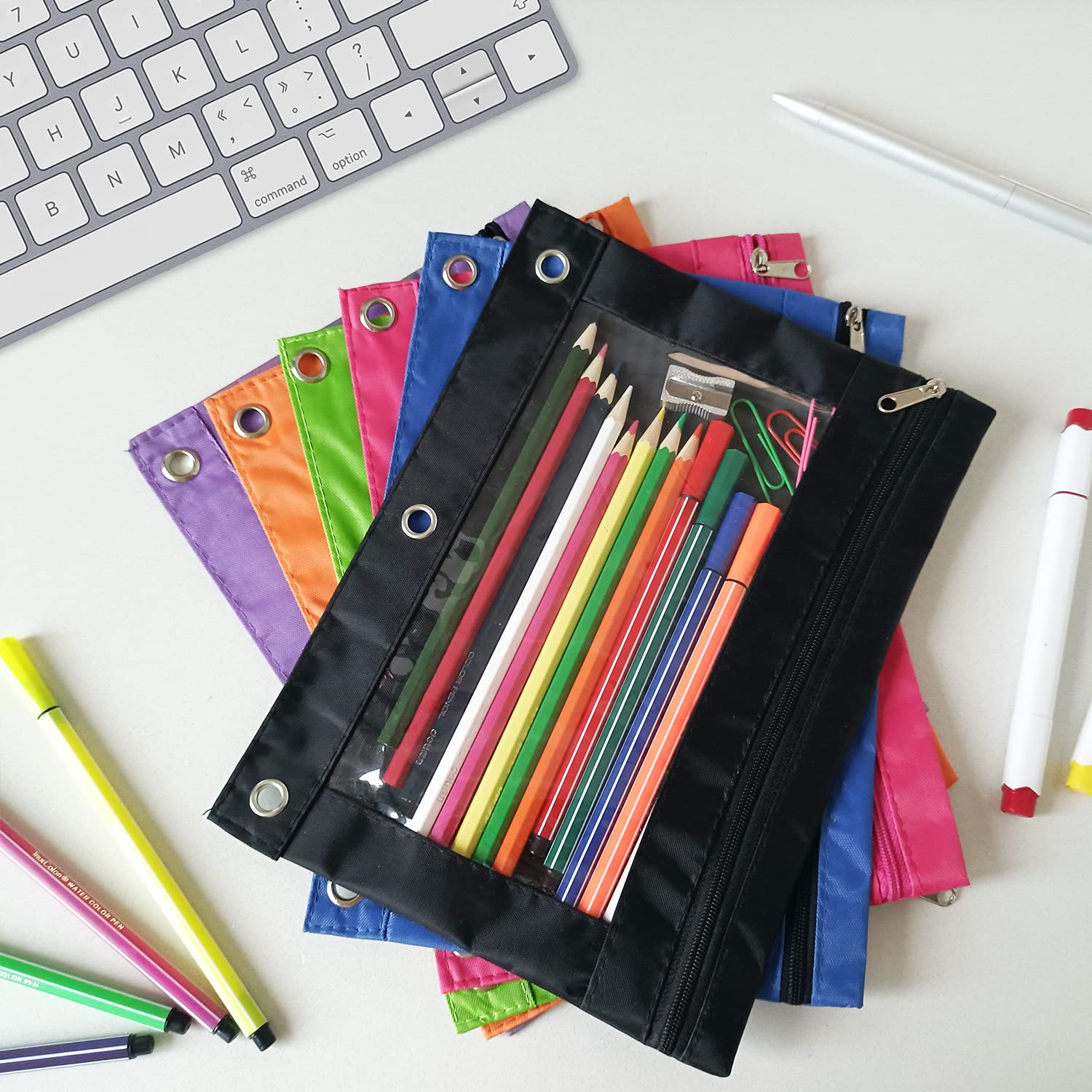 YoeeJob Pencil Pouch for 3 Ring Binder, Binder Pouches with Zipper Bulk, Pen Holder Case with Clear Window School Class Office Organizers, 24 Pack, Black