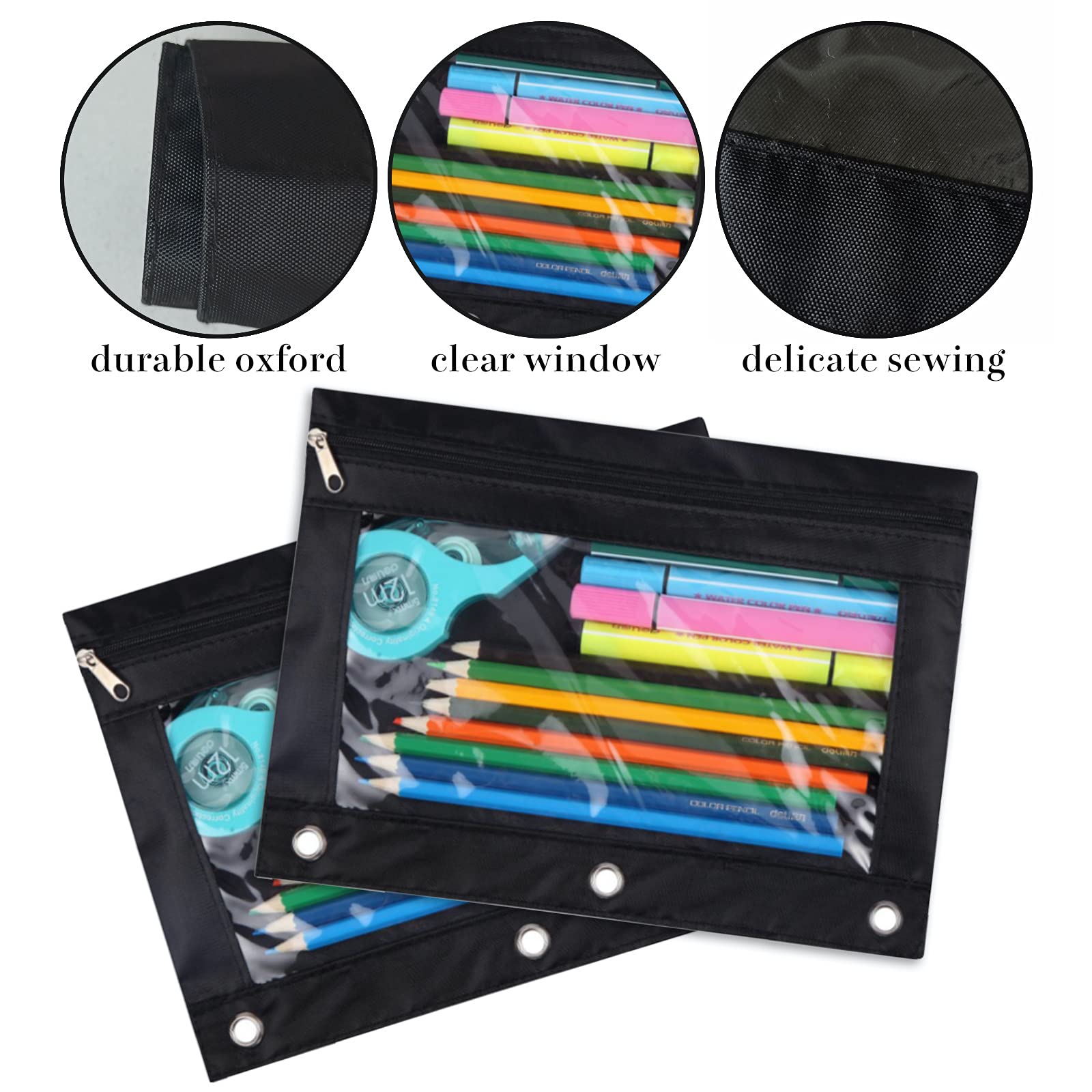 YoeeJob Pencil Pouch for 3 Ring Binder, Binder Pouches with Zipper Bulk, Pen Holder Case with Clear Window School Class Office Organizers, 24 Pack, Black