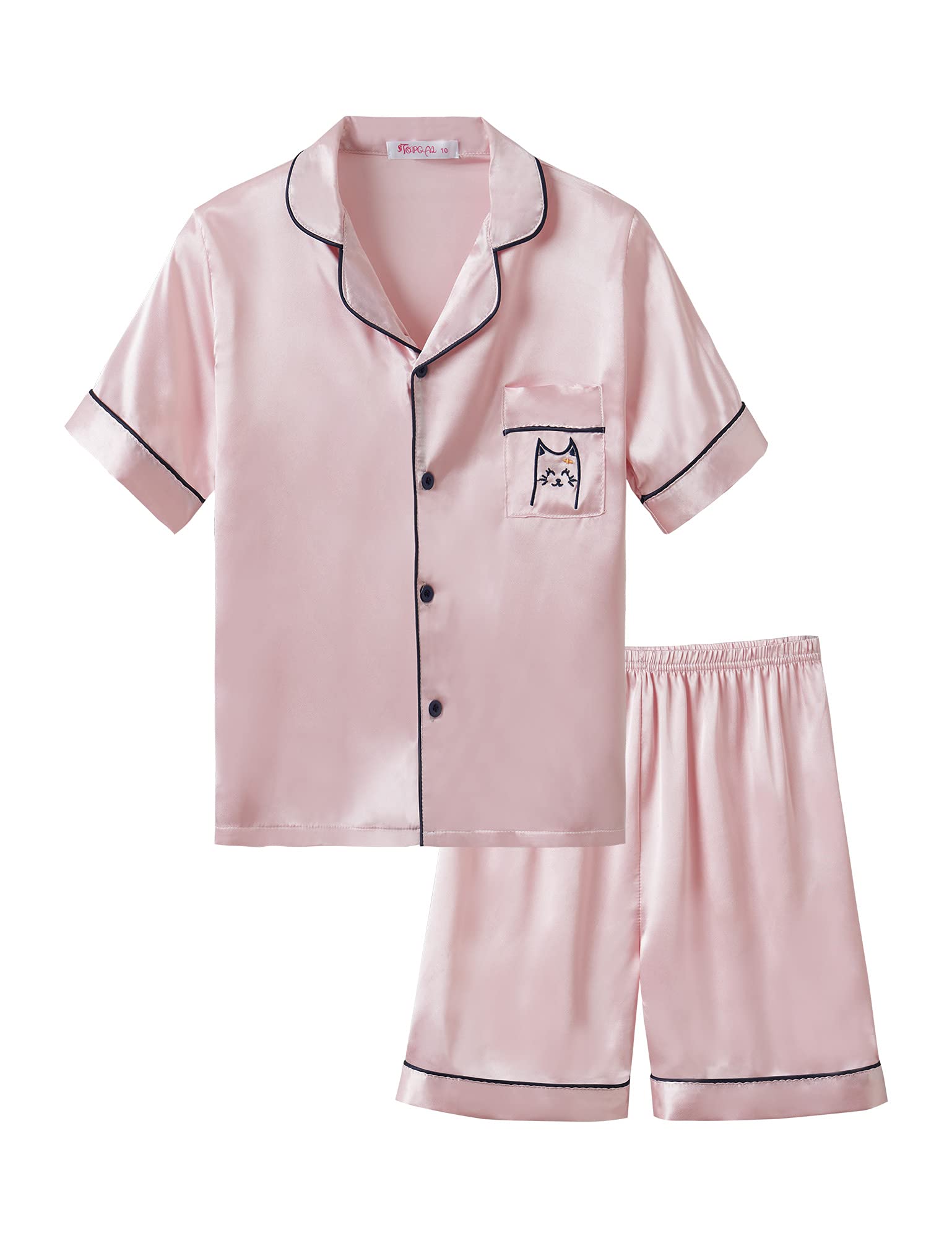 Topgal Little & Big Girls Pajama Set Size 16 - Satin Silky Cute Cat Summer Shorts Outfit Pink