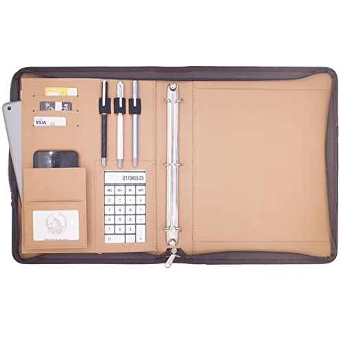 ECEIRO Leather Portfolio Ring Binder - Three Ring Binder Organizer Zippered Padfolio Folder Portfolio Organizer with Hidden Handle Cute Office Leather Binder - Gifts Supplies for Women