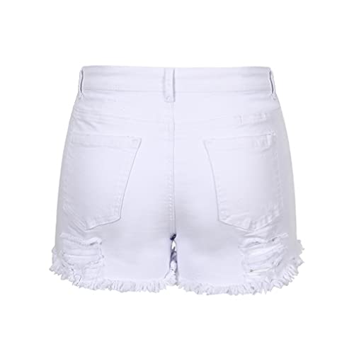 THUNDER STAR Women Mid Rise Ripped Stretchy Jeans Shorts Frayed Raw Hem Casual Denim Shorts White1# L