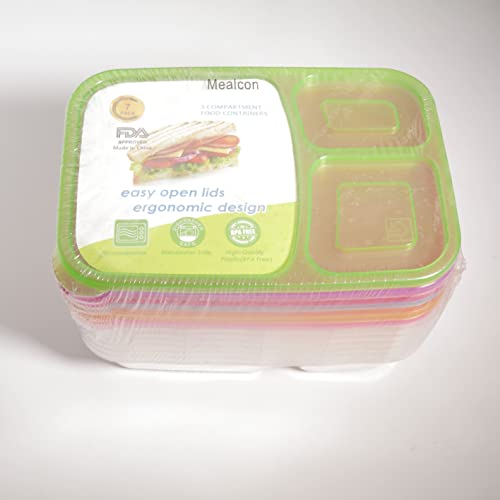 Mealcon Meal Prep Containers 3 Compartment Food Storage Containers Microwave Dishwasher Freezer Safe (Color mixing, 7 PACK (3compartment))