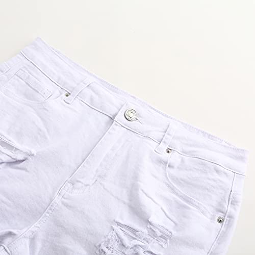 THUNDER STAR Women Mid Rise Ripped Stretchy Jeans Shorts Frayed Raw Hem Casual Denim Shorts White1# L