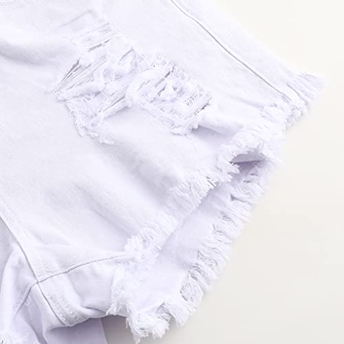 THUNDER STAR Women Mid Rise Ripped Stretchy Jeans Shorts Frayed Raw Hem Casual Denim Shorts White1# L
