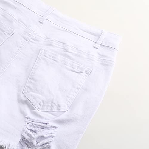 THUNDER STAR Women Mid Rise Ripped Stretchy Jeans Shorts Frayed Raw Hem Casual Denim Shorts White1# L