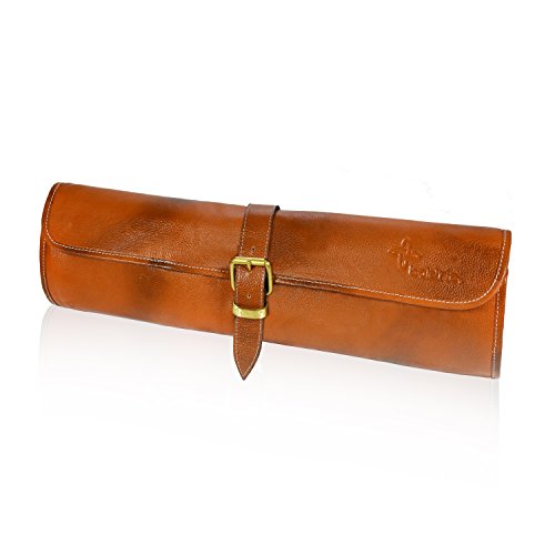 Boldric One Buckle Water Buffalo Leather Chef Knife Bag - Professional Grade Roll Travel Knife Case β 8 Tool Holder Slots For Knives Pens Pencils Spoons (Tan)