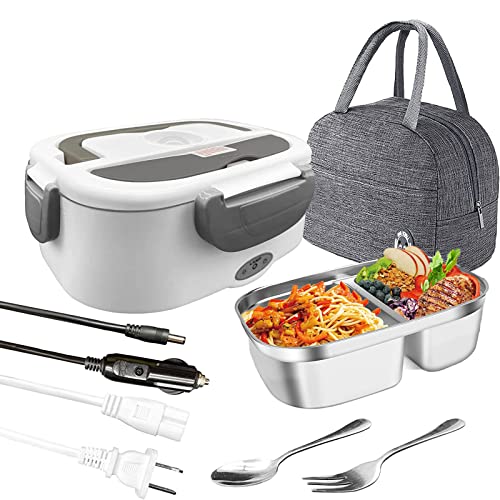 Electric Lunch Box Food Heater, Yokgrass 2-Compartment Fast Heating Adults Food Warmer for Car Truck and Home, Protable, Leak Proof, with 1.5L Stainless Steel Container, Fork, Spoon and Insulation Bag