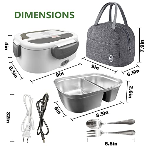 Electric Lunch Box Food Heater, Yokgrass 2-Compartment Fast Heating Adults Food Warmer for Car Truck and Home, Protable, Leak Proof, with 1.5L Stainless Steel Container, Fork, Spoon and Insulation Bag