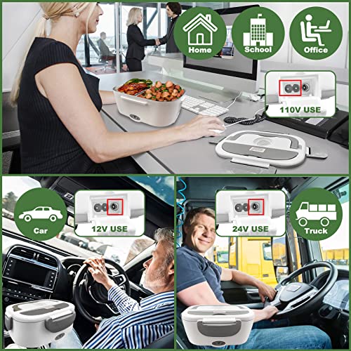 Electric Lunch Box Food Heater, Yokgrass 2-Compartment Fast Heating Adults Food Warmer for Car Truck and Home, Protable, Leak Proof, with 1.5L Stainless Steel Container, Fork, Spoon and Insulation Bag