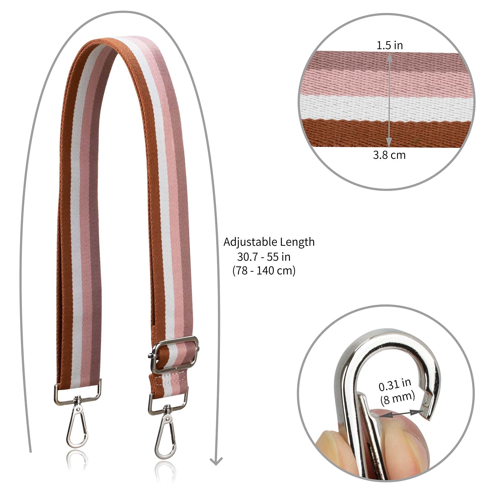Allzedream Purse Strap Replacement Crossbody Handbag Stripe Wide Adjustable (Brown Pink, Silver Hardware)