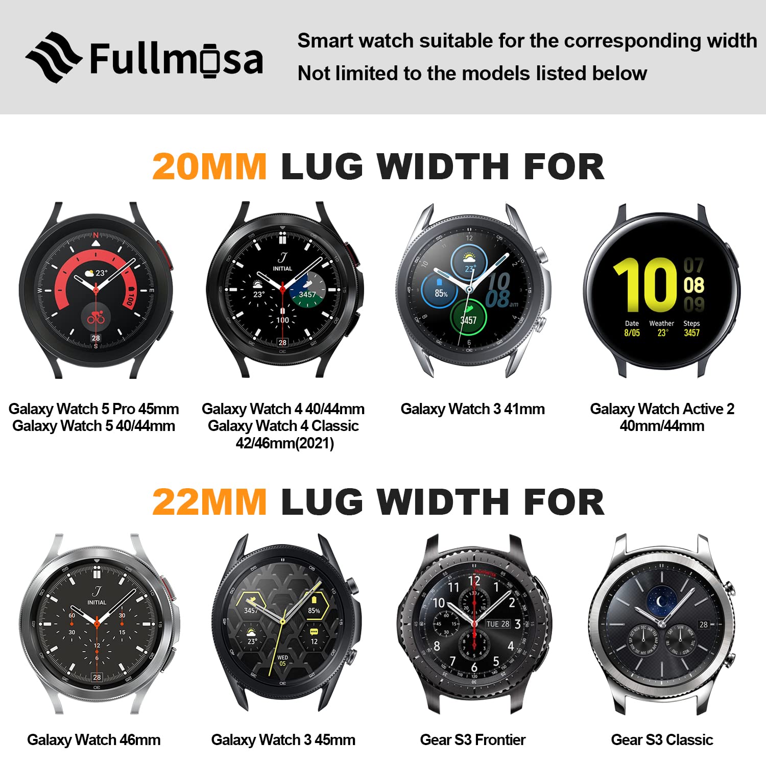 Fullmosa 20mm Leather Watch Band Compatible with Samsung Galaxy Watch 7 6 5 4 40mm 44mm Band, Galaxy 5 Pro 45mm, 6 Classic 47mm 43mm, 4 Classic 46mm 42mm, Active 2,Brown+Silver Buckle