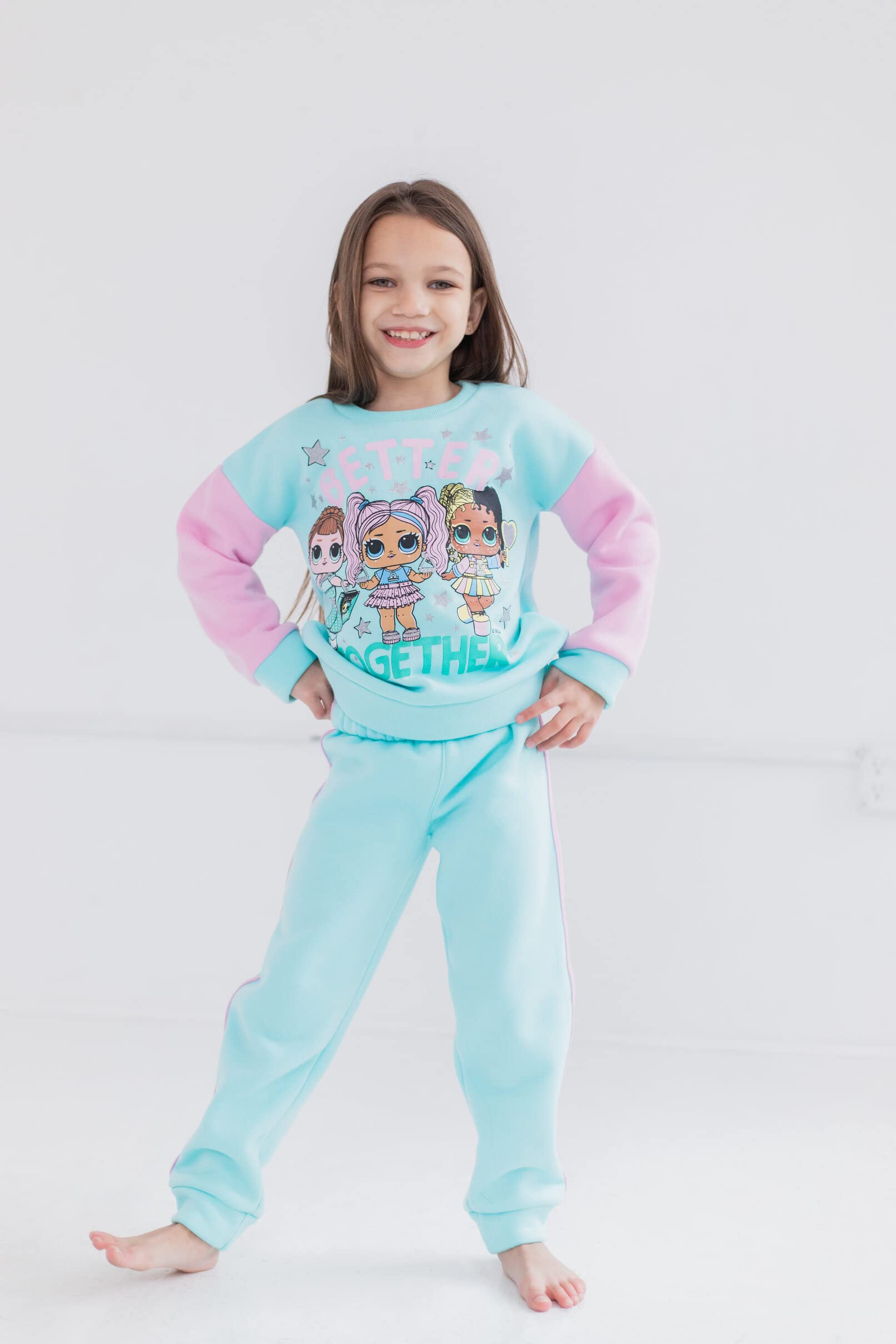 L.O.L. Surprise! Unity Flipside Marine Q.T. Little Girls Fleece Pullover Sweatshirt and Jogger Pants Set Pink/Green 6-6X
