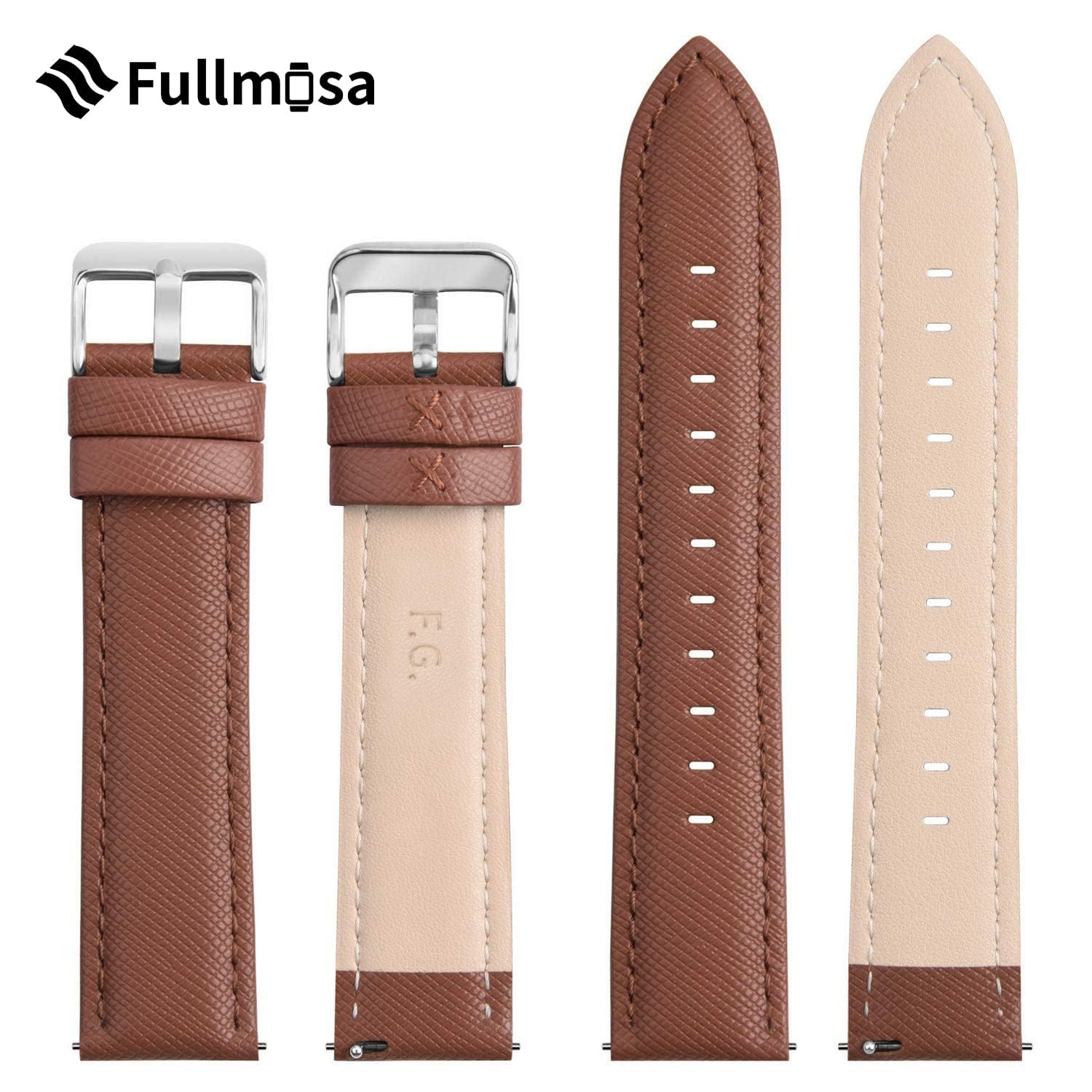 Fullmosa 20mm Leather Watch Band Compatible with Samsung Galaxy Watch 7 6 5 4 40mm 44mm Band, Galaxy 5 Pro 45mm, 6 Classic 47mm 43mm, 4 Classic 46mm 42mm, Active 2,Brown+Silver Buckle
