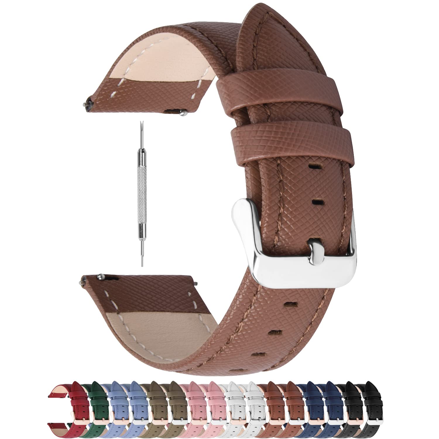Fullmosa 20mm Leather Watch Band Compatible with Samsung Galaxy Watch 7 6 5 4 40mm 44mm Band, Galaxy 5 Pro 45mm, 6 Classic 47mm 43mm, 4 Classic 46mm 42mm, Active 2,Brown+Silver Buckle