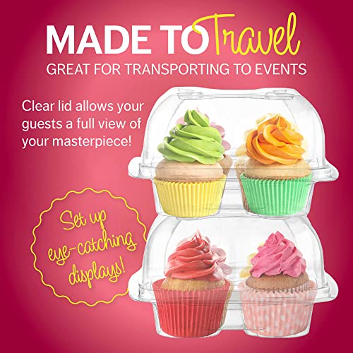Plastic Cupcake Containers Boxes | 4 Compartment β 50 Pack | Disposable High Dome Cupcake Holder With Lid Bulk | Extra Sturdy And Stackable Cupcake Boxes | Durable Muffin Packaging Transporter To Go