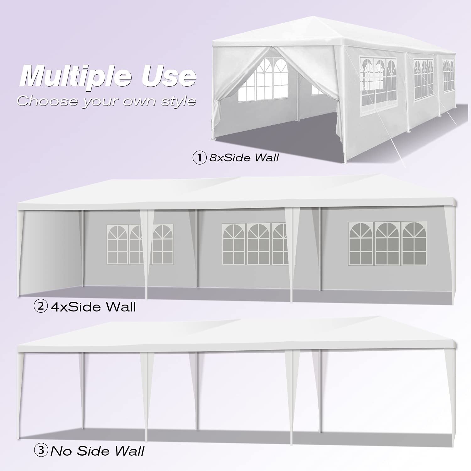 HCY 10'x30' Party Tent Heavy Duty Outdoor Gazebo Canopy with 8 Removable Sidewalls for Outdoor Wedding, BBQ, Camping, Backyard (White)