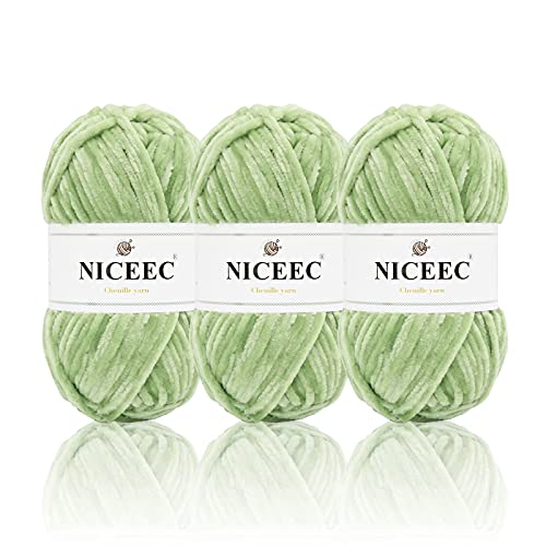 NICEEC 3 Skeins Soft Chenille Yarn Blanket Yarn for Knitting Fancy Yarn for Crochet Weaving DIY Craft Total Length 3×85m (3×93yds, 3×50g)_Mint Green