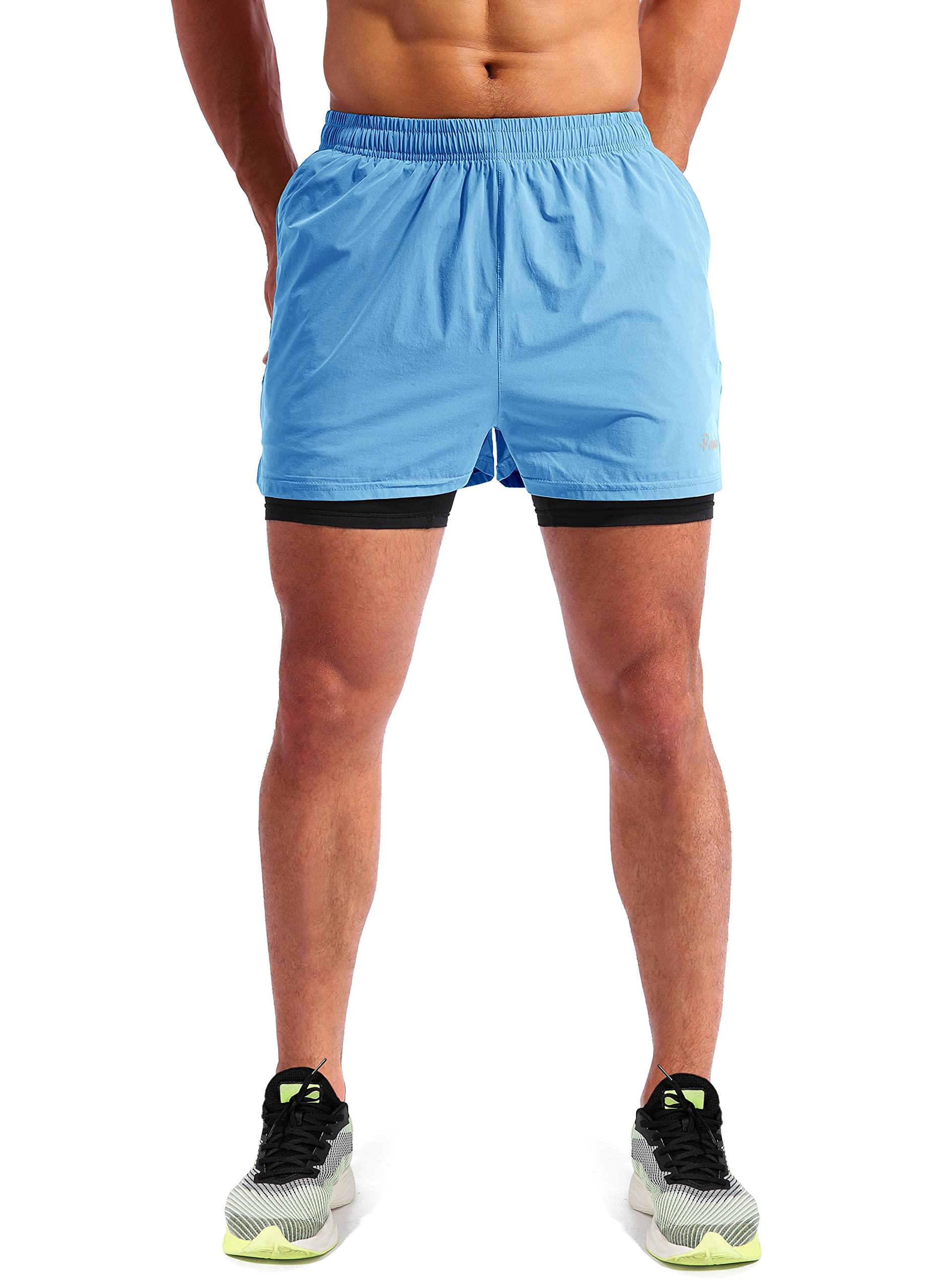 Pudolla Men’s 2 in 1 Running Shorts 5" Quick Dry Gym Athletic Workout Shorts for Men with Phone Pockets(Light Blue Medium)