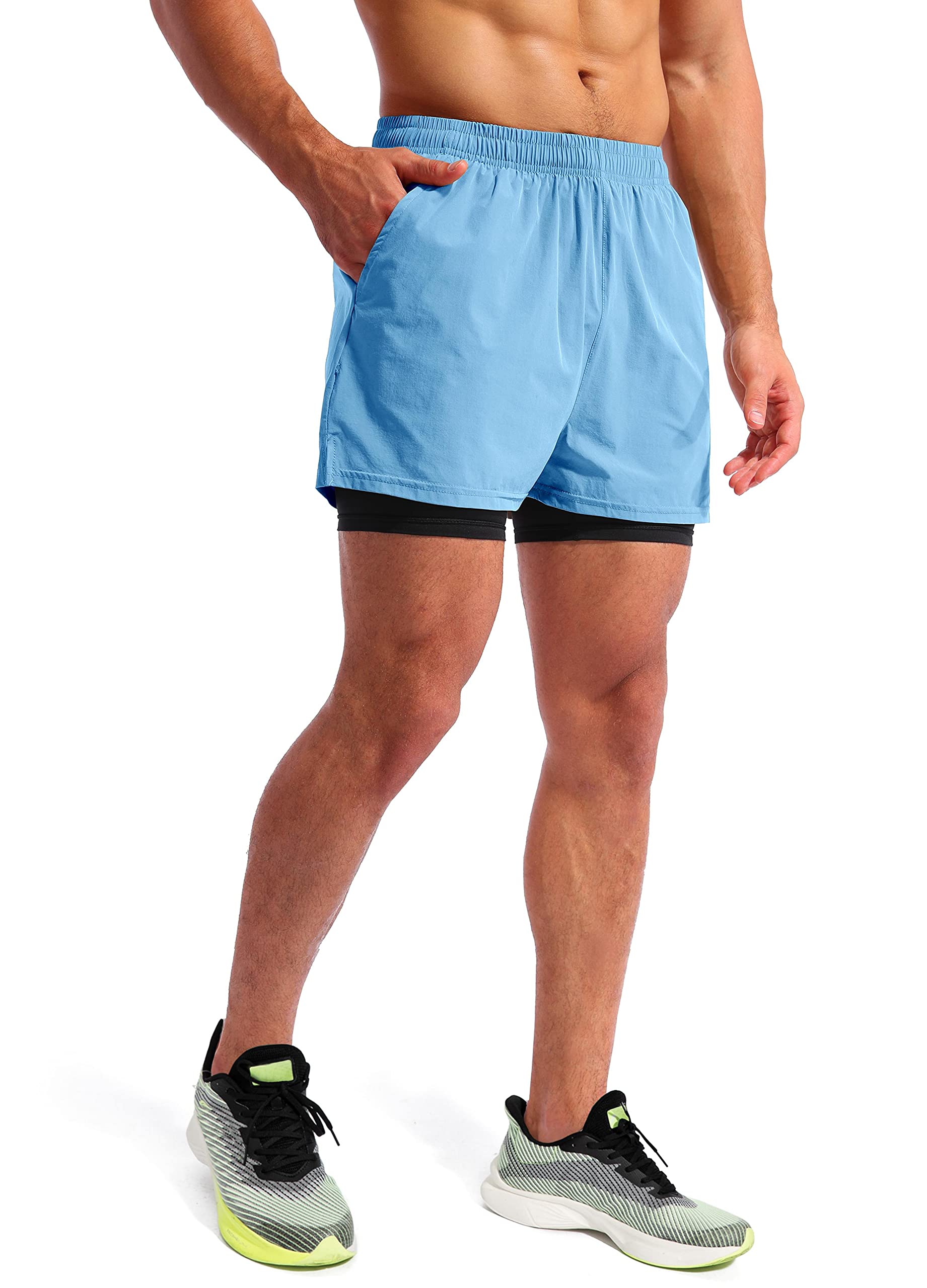 Pudolla Men’s 2 in 1 Running Shorts 5" Quick Dry Gym Athletic Workout Shorts for Men with Phone Pockets(Light Blue Medium)