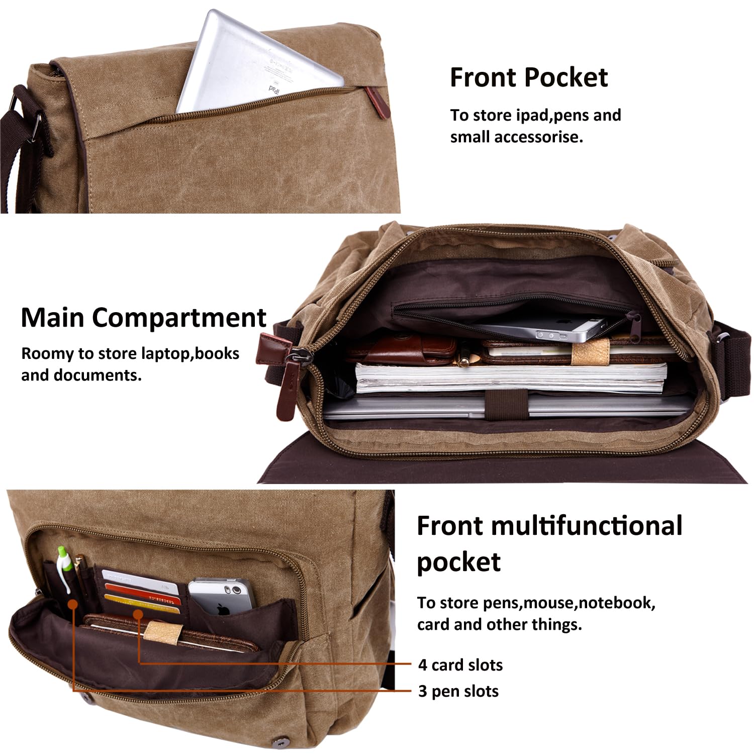 Canvas Messenger Bag for Men Women,Travel Satchel Shoulder bag 15.6 Inch Laptop Bags Business (Coffee)