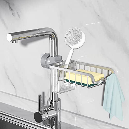 TOOLF Sponge Holder Kitchen Sink Caddy, Aluminum Over Faucet Rack with Brush Holder and 2 Hooks, Hanging Sink Organizer for Scrubbers, Dishwand, Dish Cloth, Soap, Sink Stopper on Kitchen, Bathroom