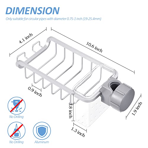 TOOLF Sponge Holder Kitchen Sink Caddy, Aluminum Over Faucet Rack with Brush Holder and 2 Hooks, Hanging Sink Organizer for Scrubbers, Dishwand, Dish Cloth, Soap, Sink Stopper on Kitchen, Bathroom