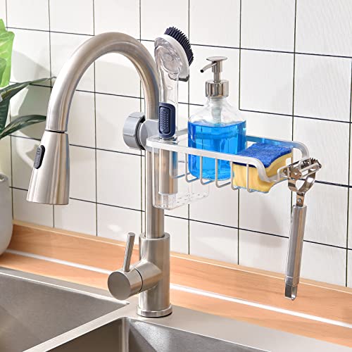 TOOLF Sponge Holder Kitchen Sink Caddy, Aluminum Over Faucet Rack with Brush Holder and 2 Hooks, Hanging Sink Organizer for Scrubbers, Dishwand, Dish Cloth, Soap, Sink Stopper on Kitchen, Bathroom