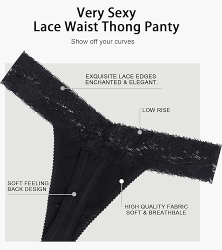 OLIKEME Womens Thongs, Low Rise Seamless Thong Panties No Show Breathable Lace Thongs for Women 10 Pack (Black, XX-Large)