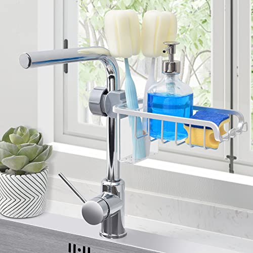 TOOLF Sponge Holder Kitchen Sink Caddy, Aluminum Over Faucet Rack with Brush Holder and 2 Hooks, Hanging Sink Organizer for Scrubbers, Dishwand, Dish Cloth, Soap, Sink Stopper on Kitchen, Bathroom