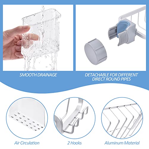 TOOLF Sponge Holder Kitchen Sink Caddy, Aluminum Over Faucet Rack with Brush Holder and 2 Hooks, Hanging Sink Organizer for Scrubbers, Dishwand, Dish Cloth, Soap, Sink Stopper on Kitchen, Bathroom