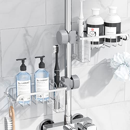 TOOLF Sponge Holder Kitchen Sink Caddy, Aluminum Over Faucet Rack with Brush Holder and 2 Hooks, Hanging Sink Organizer for Scrubbers, Dishwand, Dish Cloth, Soap, Sink Stopper on Kitchen, Bathroom