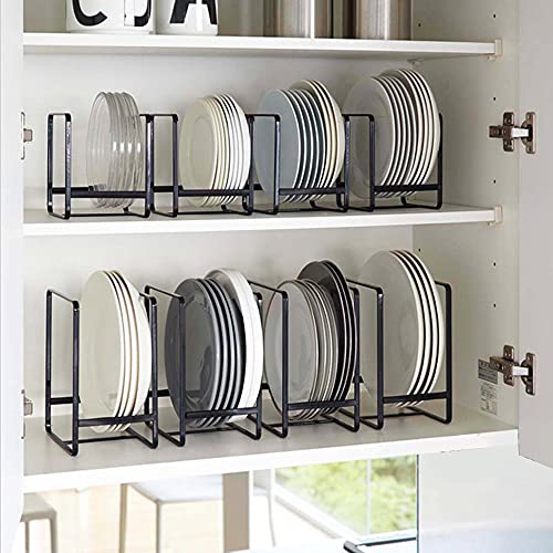 4PCS Plate Holders Organizer, Metal Dish Storage Dying Display Rack for Cabinet, Counter and Cupboard - Black, 2 Small and 2 Large