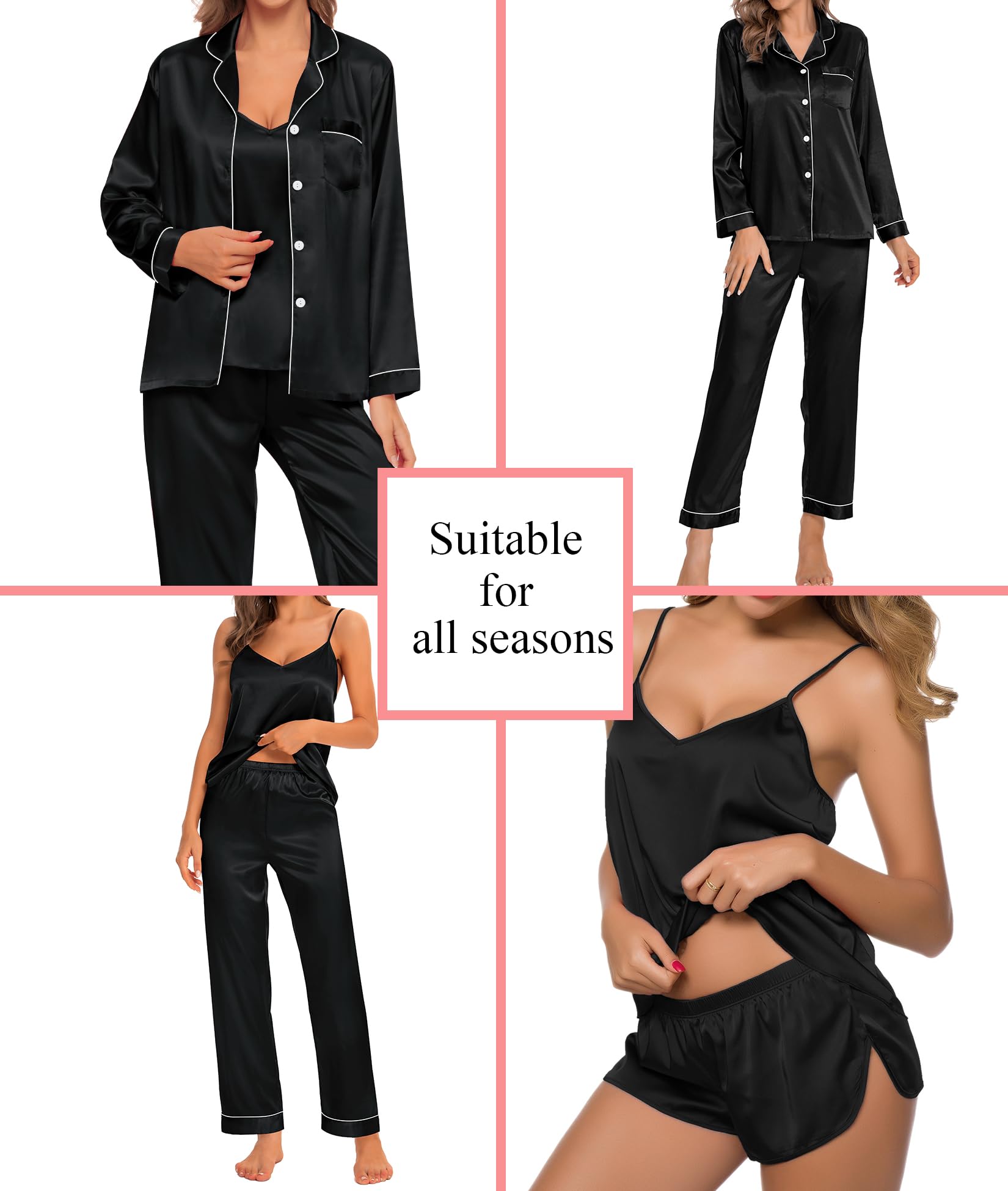 SWOMOG Pj Satin Long Sleeve Set 4pcs Womens Pajamas Silk Sleepwear Button Down Nightwear Sexy Cami Shorts Loungewear