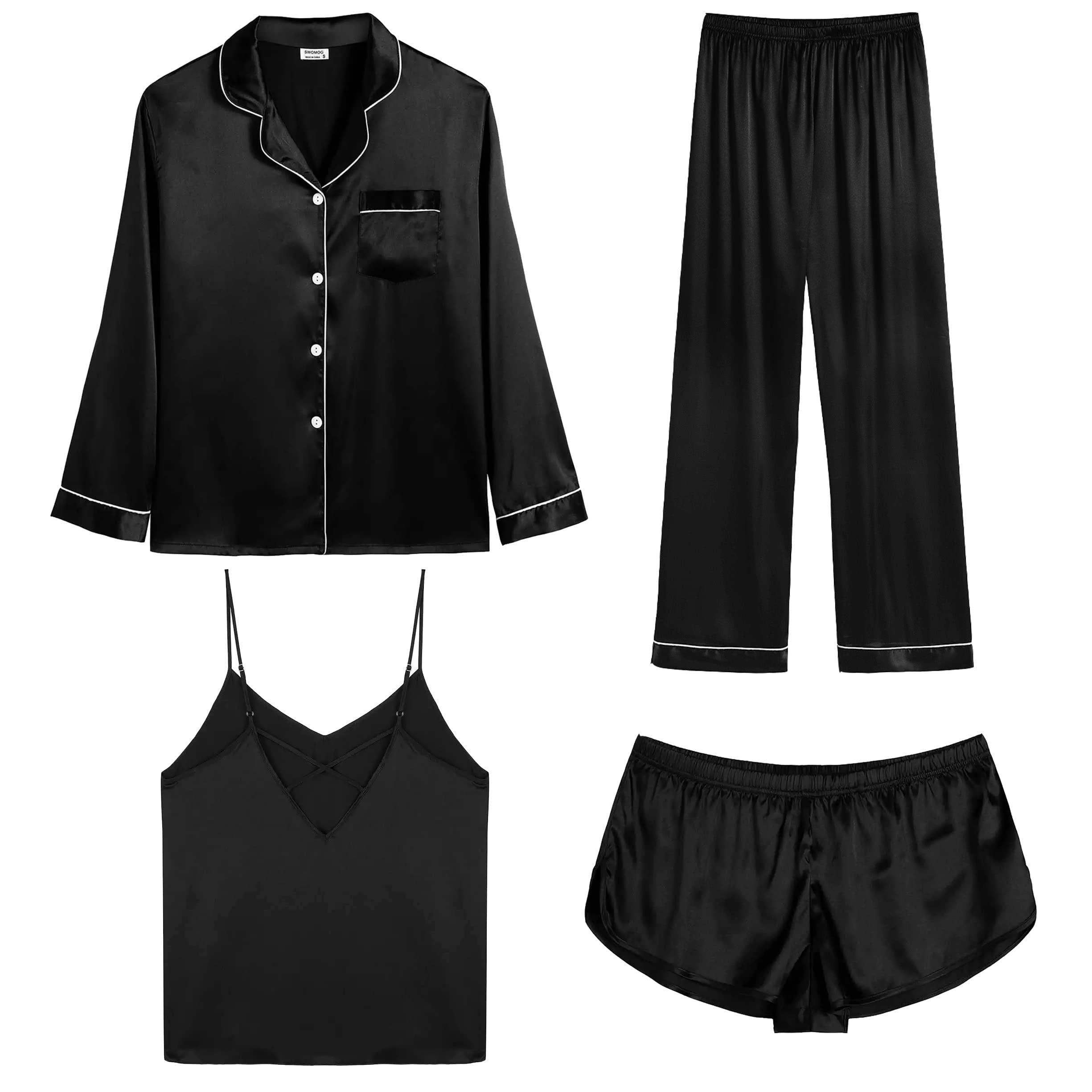 SWOMOG Pj Satin Long Sleeve Set 4pcs Womens Pajamas Silk Sleepwear Button Down Nightwear Sexy Cami Shorts Loungewear