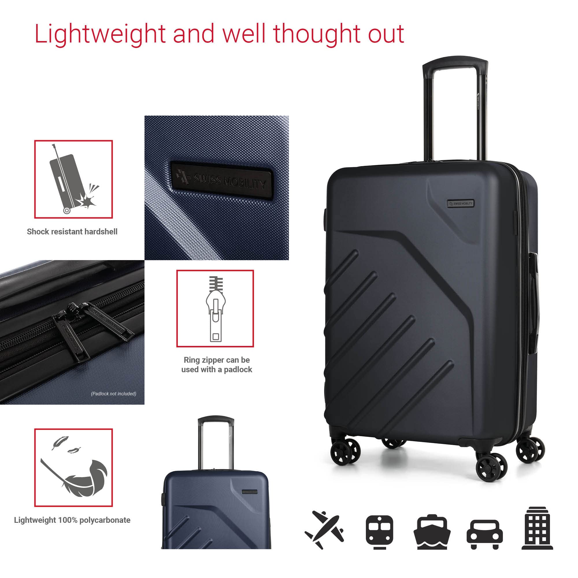 Swiss Mobility LGA Collection 3 Piece Hard Shell Luggage Set, Expandable Suitcases with 360-Degree Spinner Wheels, Retractable Handle, 20 Inch Carry On, 24 Inch Mid-size, 28 Inch Large Bags, Navy