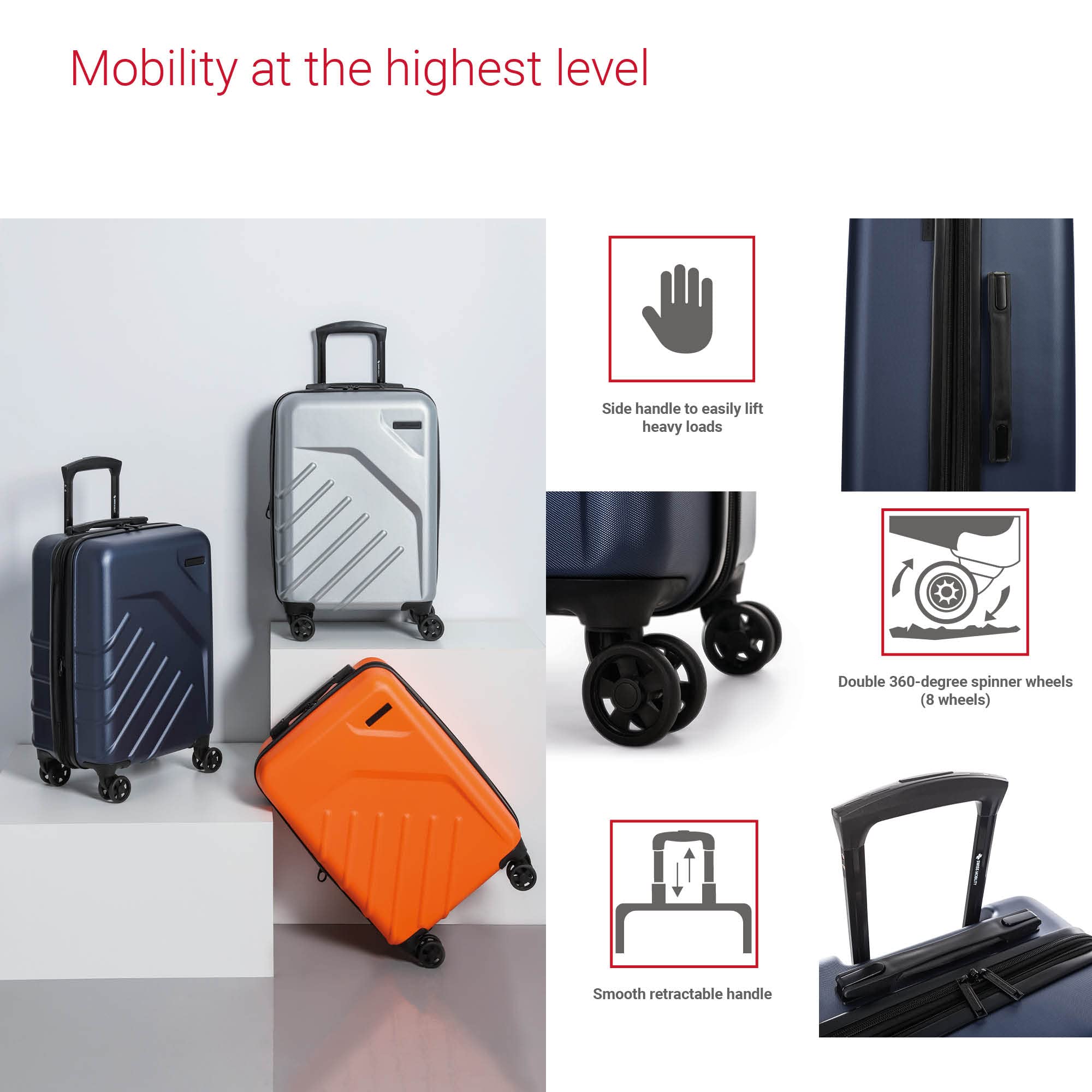 Swiss Mobility LGA Collection 3 Piece Hard Shell Luggage Set, Expandable Suitcases with 360-Degree Spinner Wheels, Retractable Handle, 20 Inch Carry On, 24 Inch Mid-size, 28 Inch Large Bags, Navy
