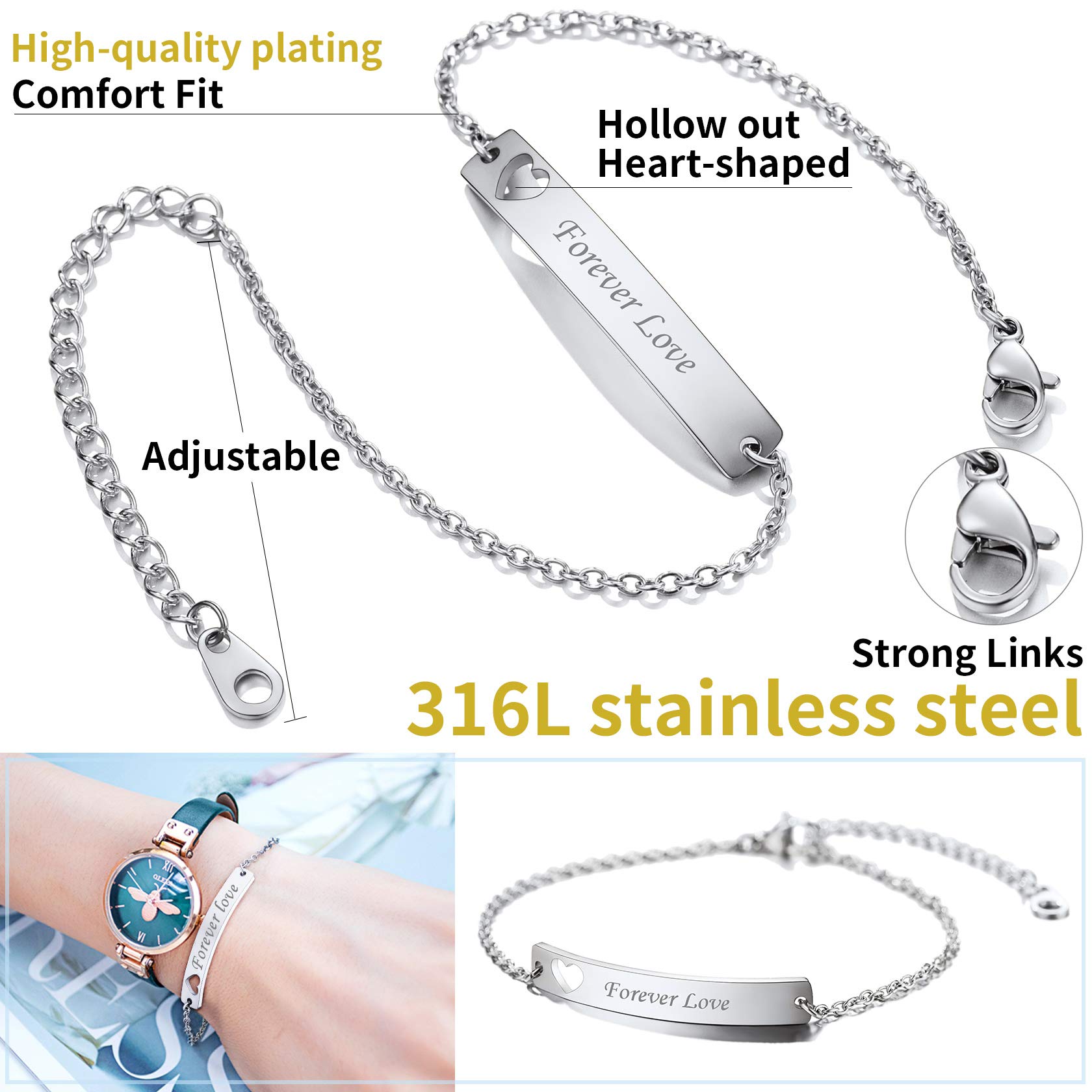ChainsHouse Engraving Identification Link Bracelet Customized Stainless Steel Heart ID Bar Bracelet for Women Xmas Birthday Gift