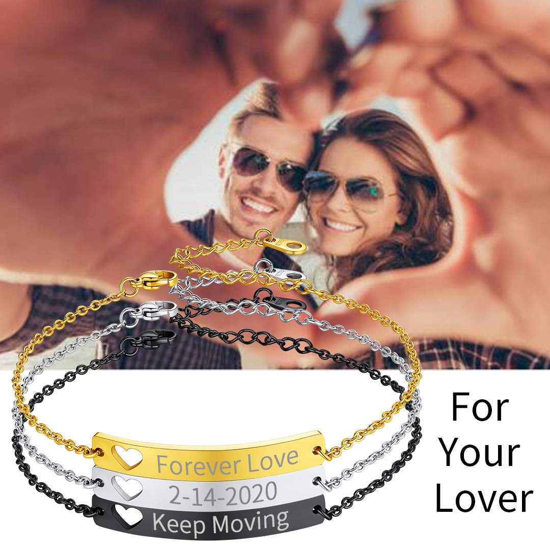 ChainsHouse Engraving Identification Link Bracelet Customized Stainless Steel Heart ID Bar Bracelet for Women Xmas Birthday Gift