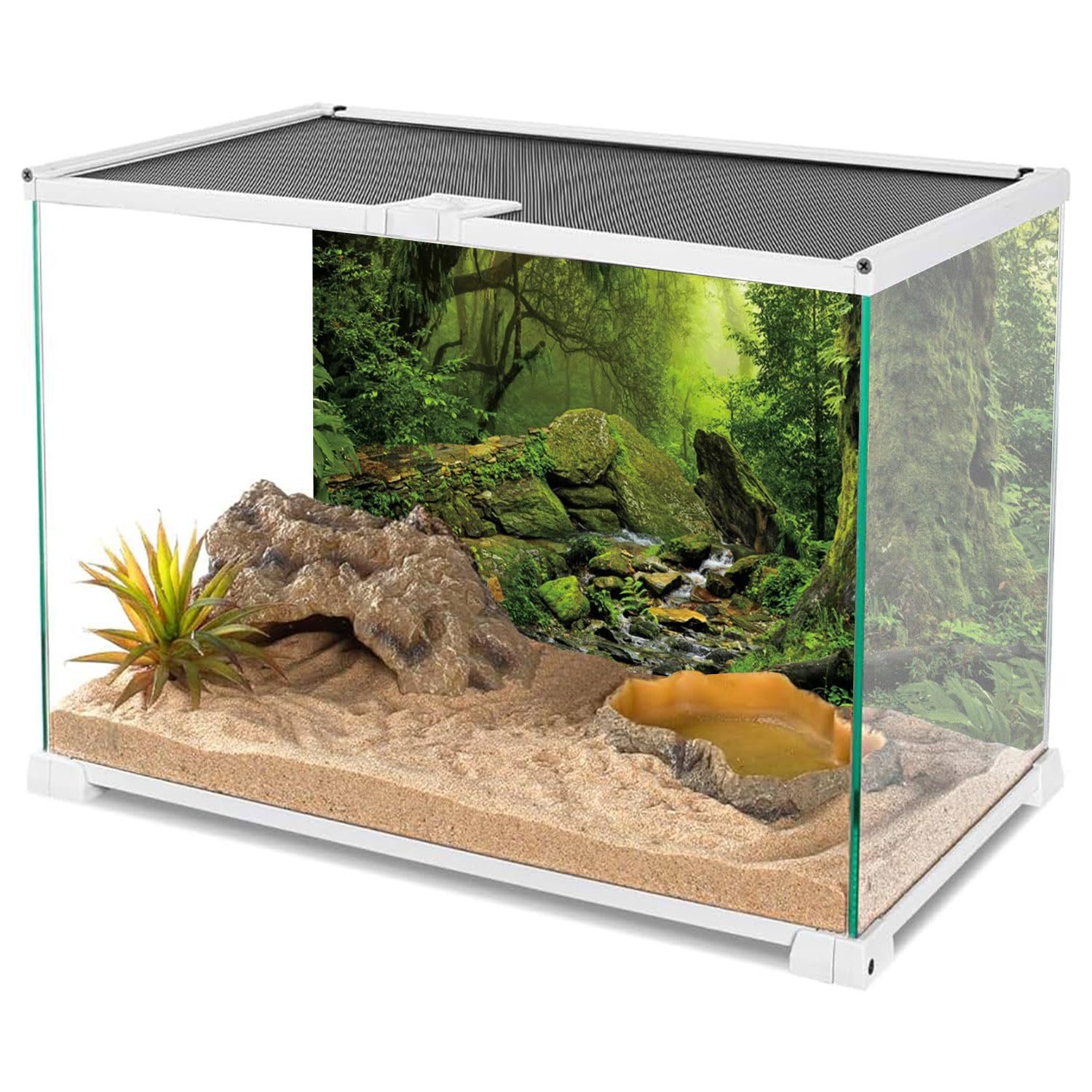 AWERT Tropical Forest Terrarium Background Stream Green Huge Tree Reptile Habitat Background Foggy Rainforest Aquarium Background 30x12 inches Durable Polyester Background