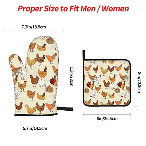 A Brood of Chickens Oven Mitts and Pot Holders Sets,Heat Resistant Non Slip Kitchen Gloves Hot Pads with Inner Cotton Layer for Cooking BBQ Baking Grilling